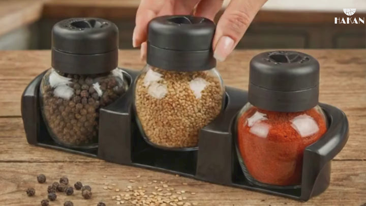 3-Pack Glass Seasoning Shakers with Rack, 7.1 oz Spice Jars – HAKAN